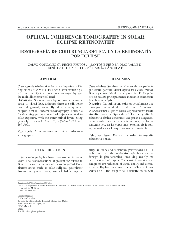 (PDF) OPTICAL COHERENCE TOMOGRAPHY IN SOLAR ECLIPSE RETINOPATHY ...