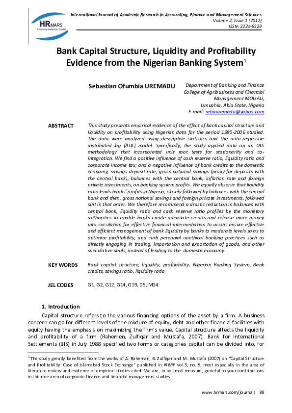 (PDF) Bank Capital Structure, Liquidity and Profitability Evidence from the Nigerian Banking System