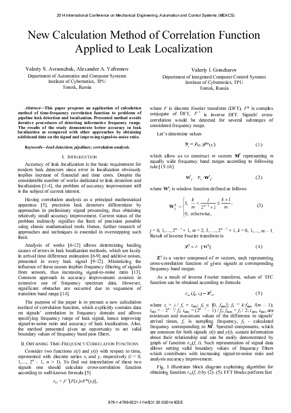 (PDF) New Calculation Method of Correlation Function Applied to Leak Localization