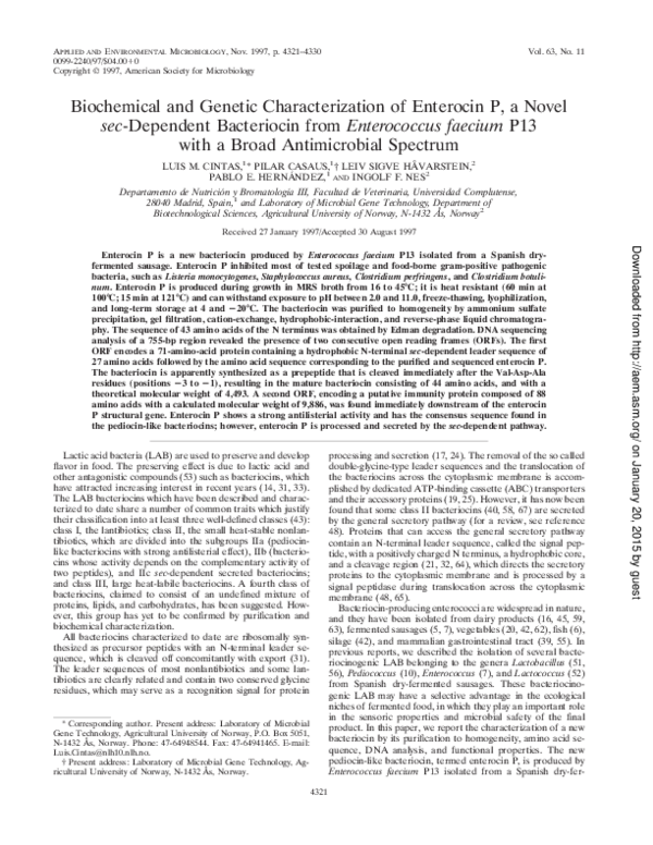 Pdf Biochemical And Genetic Characterization Of Enterocin P A Novel