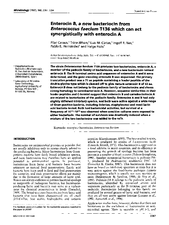 Pdf Enterocin B A New Bacteriocin From Enterococcus Faecium T136