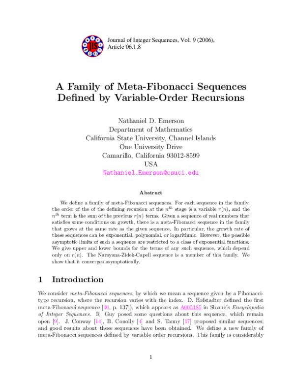 (PDF) A family of meta-Fibonacci sequences defined by variable order ...