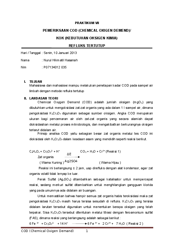 (DOC) PEMERIKSAAN COD (CHEMICAL OXIGEN DEMEND)/ KOK (KEBUTUHAN OKSIGEN ...