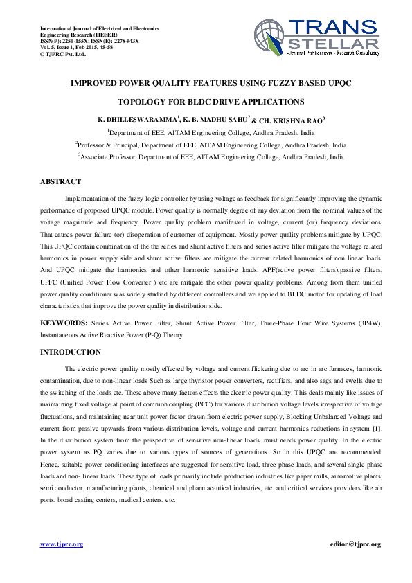 Pdf Improved Power Quality Features Using Fuzzy Based Upqc Topology For Bldc Drive Applications