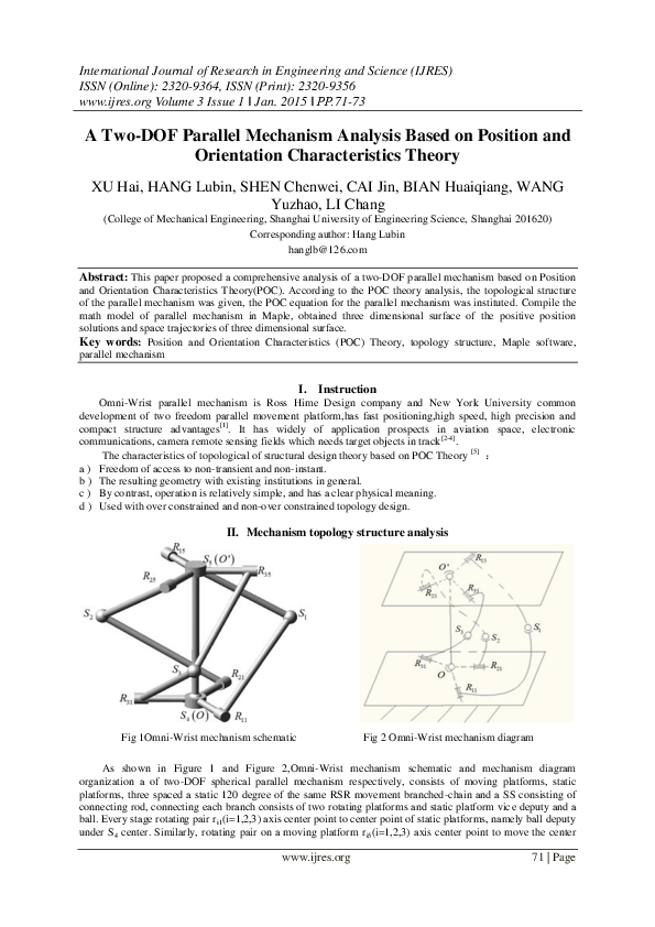 (PDF) A Two-DOF Parallel Mechanism Analysis Based on Position and Orientation Characteristics Theory