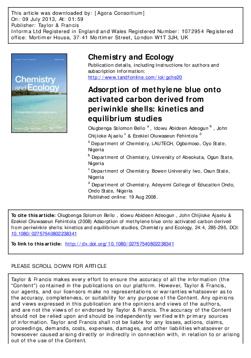 (PDF) Adsorption of methylene blue onto activated carbon derived from periwinkle shells ...