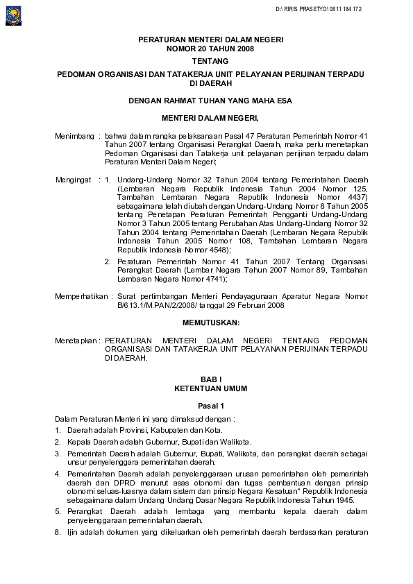 (PDF) PERATURAN MENTERI DALAM NEGERI NOMOR 20 TAHUN 2008 TENTANG PEDOMAN ORGANISASI DAN ...