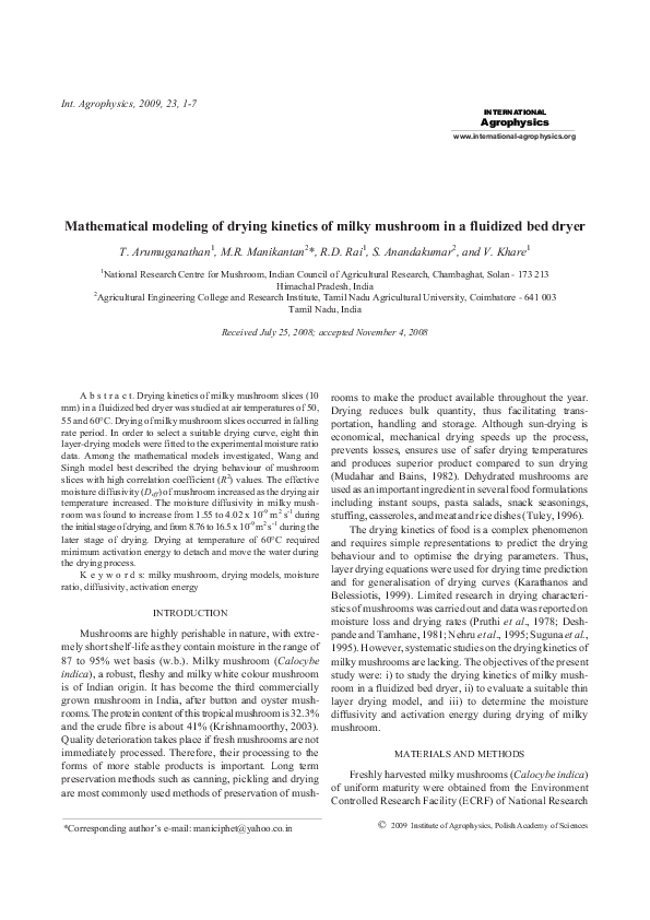 (PDF) Mathematical modeling of drying kinetics of milky mushroom in a fluidized bed dryer