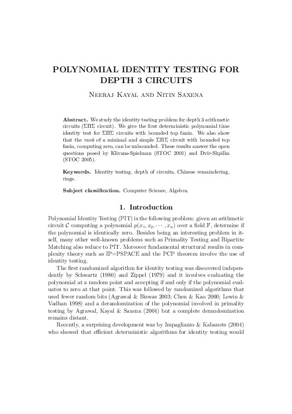 Pdf Polynomial Identity Testing For Depth 3 Circuits