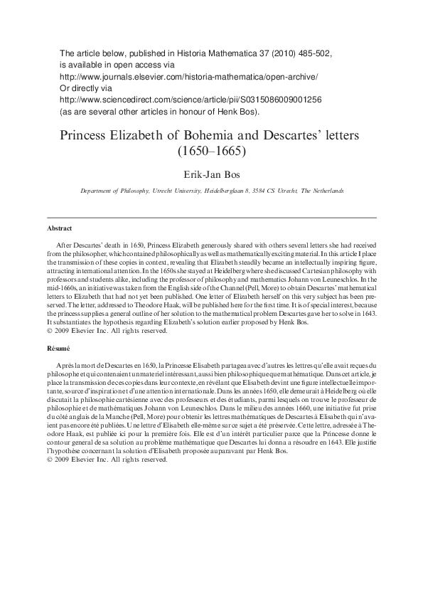 (PDF) Princess Elizabeth of Bohemia and Descartes' letters (1650–1665)