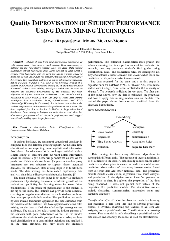 (PDF) Quality IMPROVISATION OF STUDENT PERFORMANCE USING DATA MINING TECHNIQUES