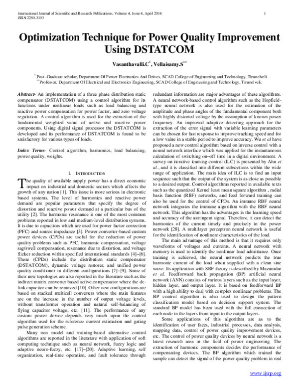 Pdf Dstatcom For Power Quality Optimization