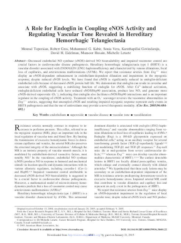 (PDF) A Role for Endoglin in Coupling eNOS Activity and Regulating ...