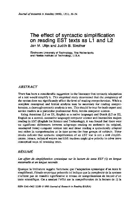 (PDF) Ulijn, J. and J.B Strother (1990), The effect of syntactic simplification on reading EST ...