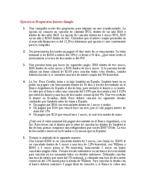 (PDF) Ejercicios Propuestos Interés Simple