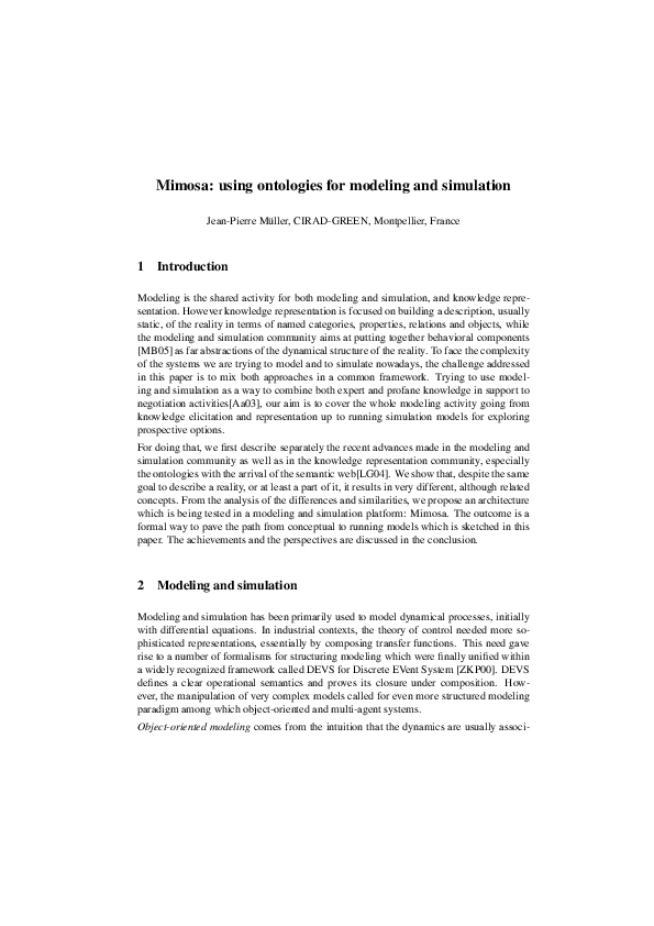 (PDF) Mimosa: using ontologies for modeling and simulation