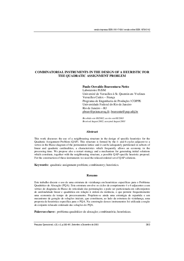 Pdf Combinatorial Instruments In The Design Of A Heuristic For The