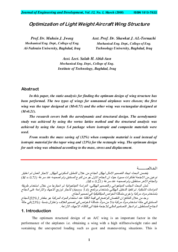 Pdf Optimization Of Light Weight Aircraft Wing Structure