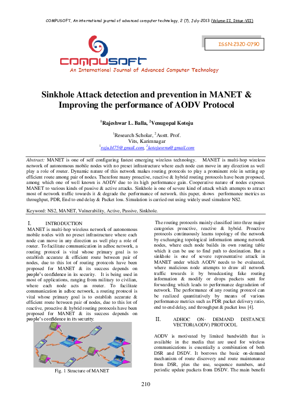 (PDF) Sinkhole Attack detection and prevention in MANET & Improving the performance of AODV Protocol