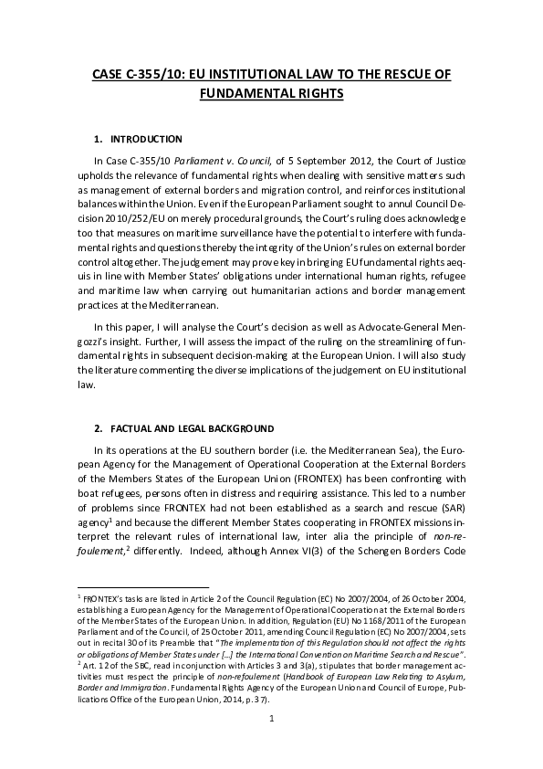 (PDF) Case C-355/10, Parliament v Council: EU Institutional Law to the ...