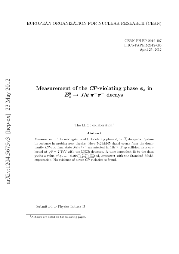 (PDF) Measurement of the CP-violating phase $\phi_s$ in $\overline{B}^0_s \to J/\psi\pi^+\pi ...