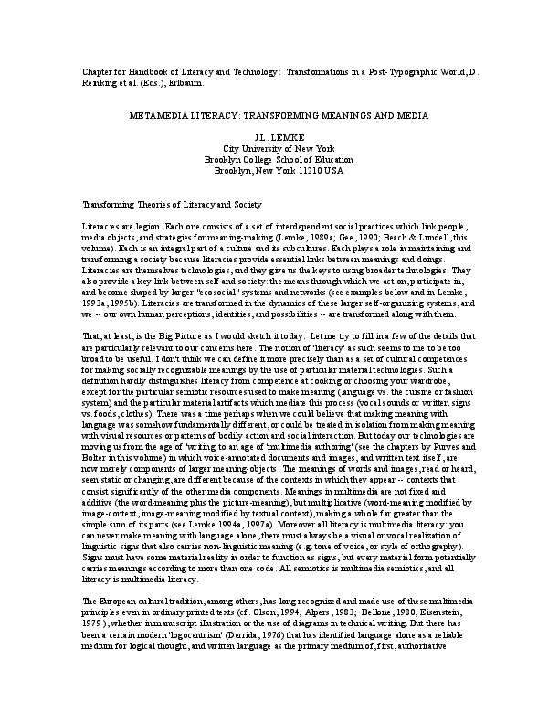 (PDF) Metamedia literacy: Transforming meanings and media
