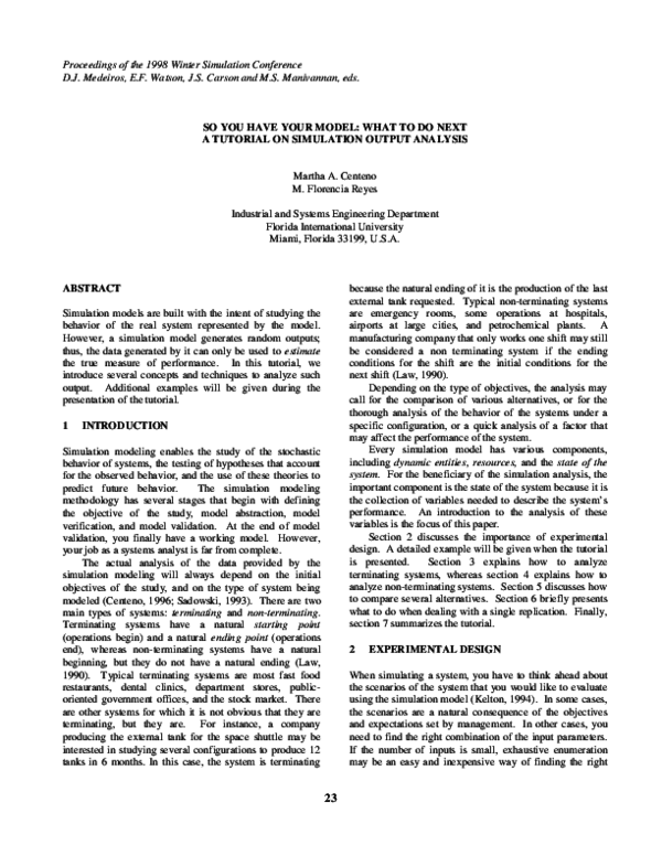 Pdf So You Have Your Model What To Do Next A Tutorial On Simulation Output Analysis Martha