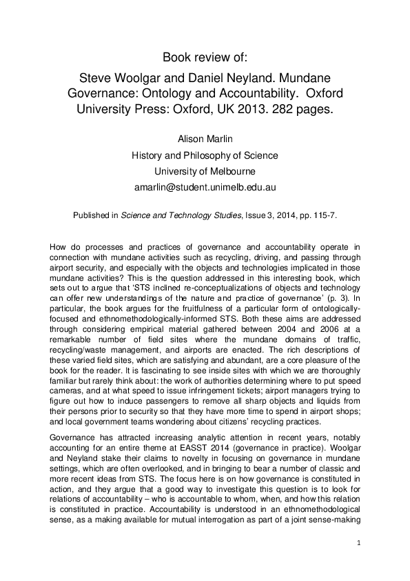 (PDF) A Review of Steve Woolgar and Daniel Neyland, Mundane Governance ...