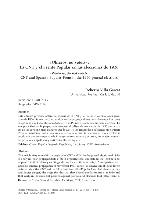 (PDF) Obreros, no votéis. La CNT y el Frente Popular en las elecciones ...