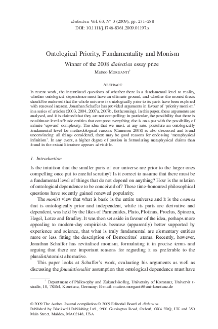 (PDF) Ontological Priority, Fundamentality and Monism