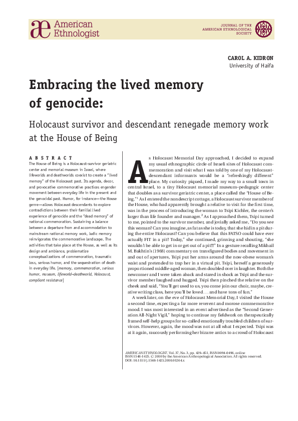 (PDF) Embracing the lived memory of genocide:Holocaust survivor and ...