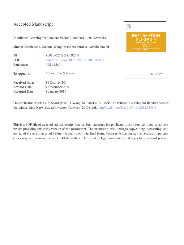 Pdf Distributed Learning For Random Vector Functional Link Networks