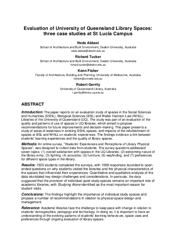 Evaluation of University of Queensland Library Spaces: three case ...