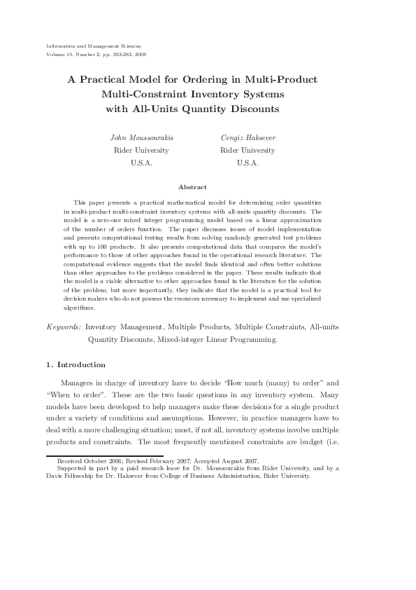 Pdf A Practical Model For Ordering In Multi Product Multi Constraint Inventory Systems With
