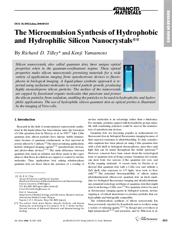 (PDF) The Microemulsion Synthesis of Hydrophobic and Hydrophilic ...