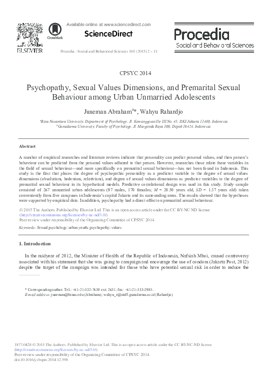 Psychopathy, Sexual Values Dimensions, and Premarital Sexual Behaviour among Urban Unmarried ...
