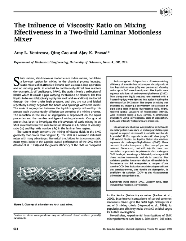 (PDF) The Influence of Viscosity Ratio on Mixing Effectiveness in a Two ...