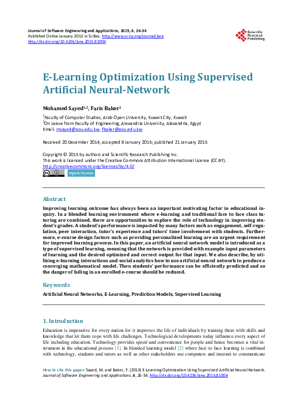 Pdf E Learning Optimization Using Supervised Artificial Neural Network