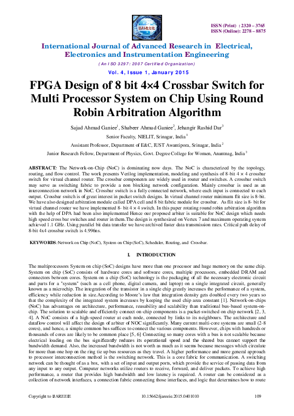 Pdf Fpga Design Of 8 Bit 4×4 Crossbar Switch For Multi Processor System On Chip Using Round 