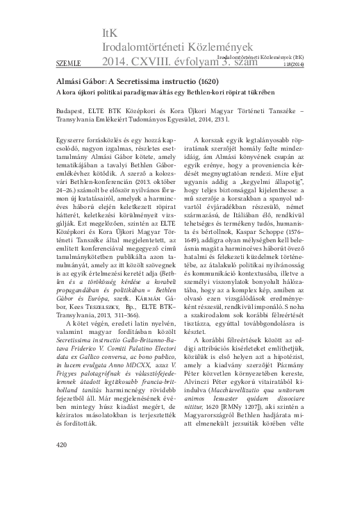 (PDF) (Review) Almási Gábor: A Secretissima instructio. A kora újkori ...