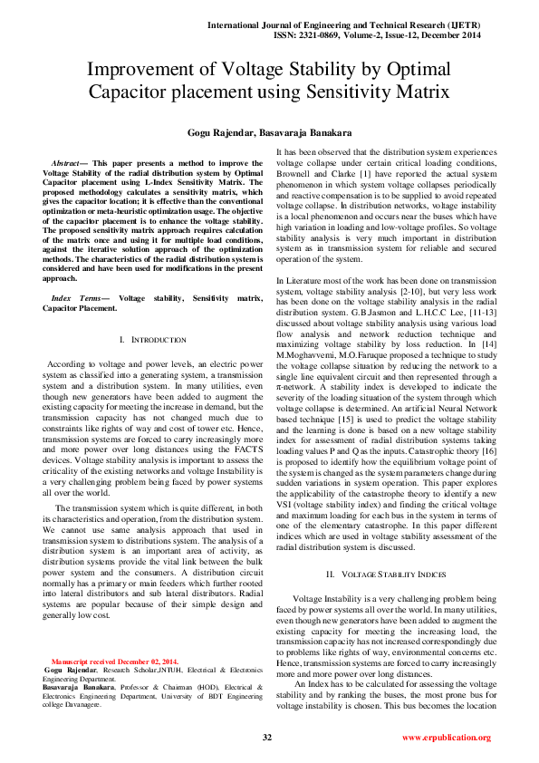 (PDF) Improvement of Voltage Stability by Optimal Capacitor placement using Sensitivity Matrix