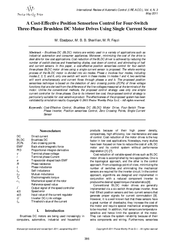 A Cost Effective Position Sensorless Control For Four Switch Three Phase Brushless Dc Motor