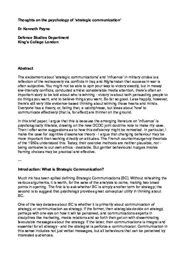 (PDF) Kenneth Payne, 'The psychology of strategic communication: some ...