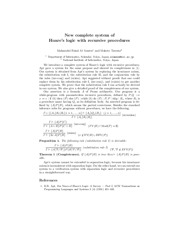 (PDF) New complete system of Hoare’s logic with recursive procedures