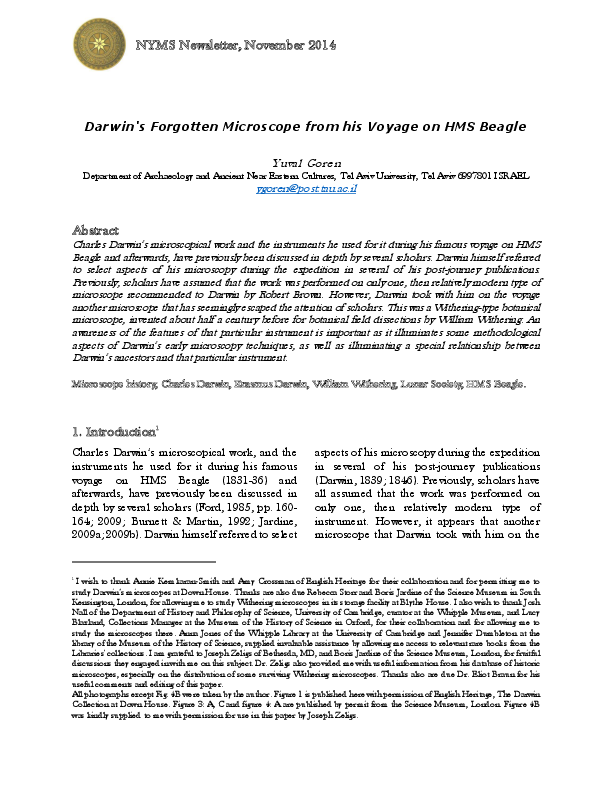 (PDF) Darwin’s Forgotten Microscope from his Voyage on HMS Beagle