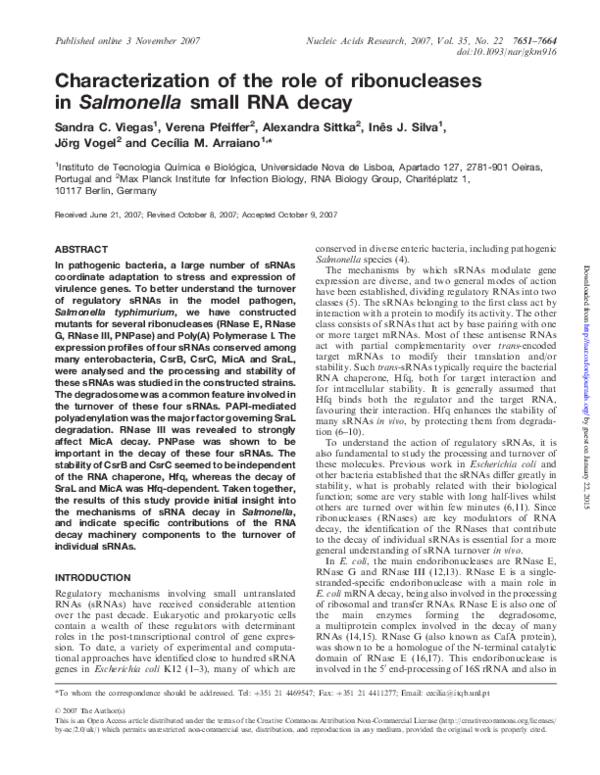 (PDF) Characterization of the role of ribonucleases in Salmonella small ...