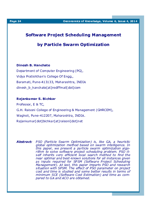 Pdf Software Project Scheduling Management By Particle Swarm Optimization 0884
