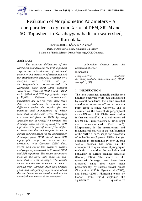 (PDF) Evaluation of Morphometric Parameters – A comparative study from Cartosat DEM, SRTM and ...