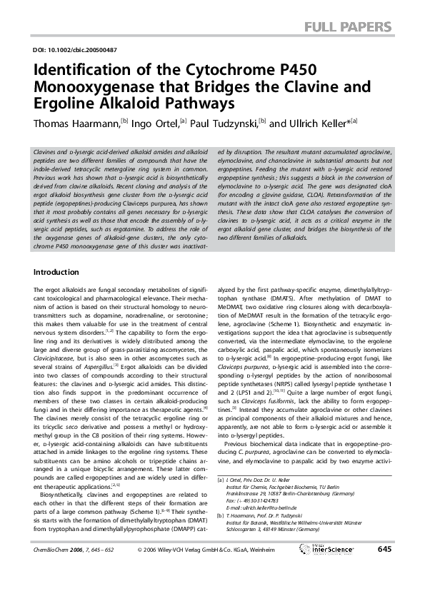 (PDF) Identification of the cytochrome P450 monooxygenase that bridges the clavine and ergoline ...