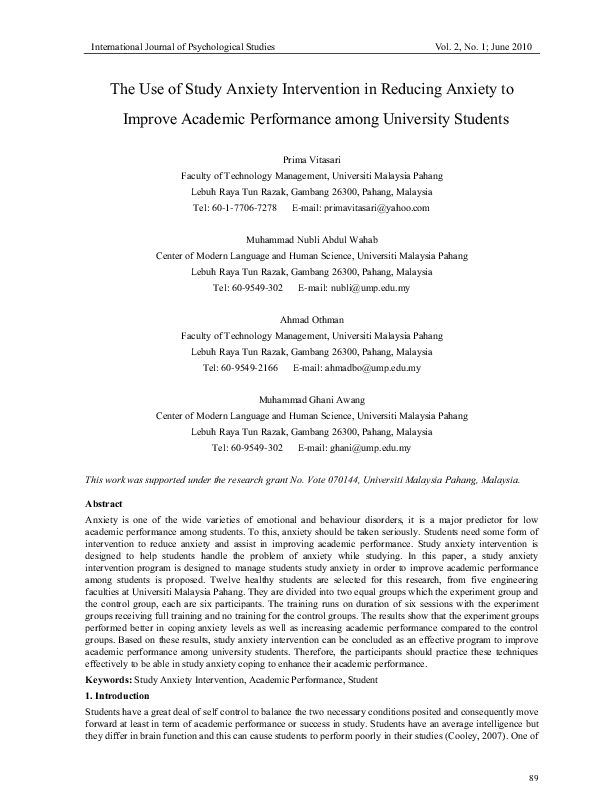 (PDF) The Use of Study Anxiety Intervention in Reducing Anxiety to ...